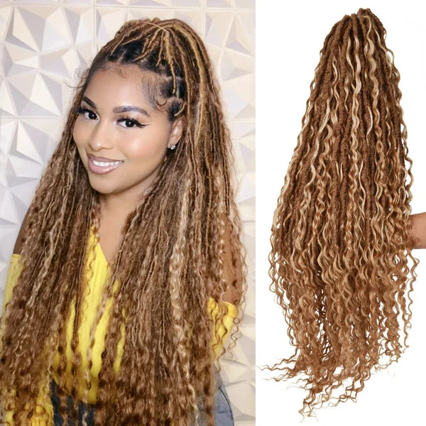 Honey Blonde Save-Time Boho Faux Locs Braids Crochet With Curly Human ...